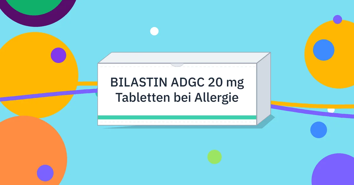 Symbolbild: Packung mit der Aufschrift BILASTIN ADGC 20 mg Tabletten bei Allergie (PZN 19427468) – Verfügbarkeit und Bezug in Apotheken in Frankfurt am Main
