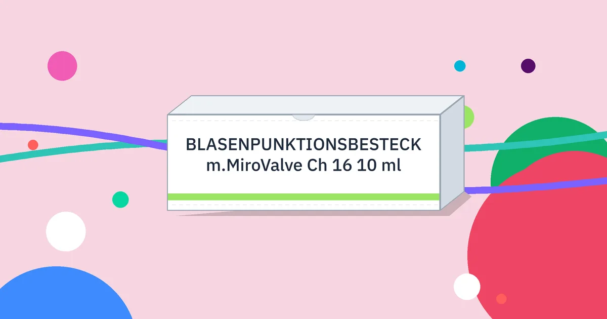 Symbolbild: Packung mit der Aufschrift BLASENPUNKTIONSBESTECK m.MiroValve Ch 16 10 ml (PZN 03934045) – Verfügbarkeit und Bezug in Apotheken in Frankfurt am Main