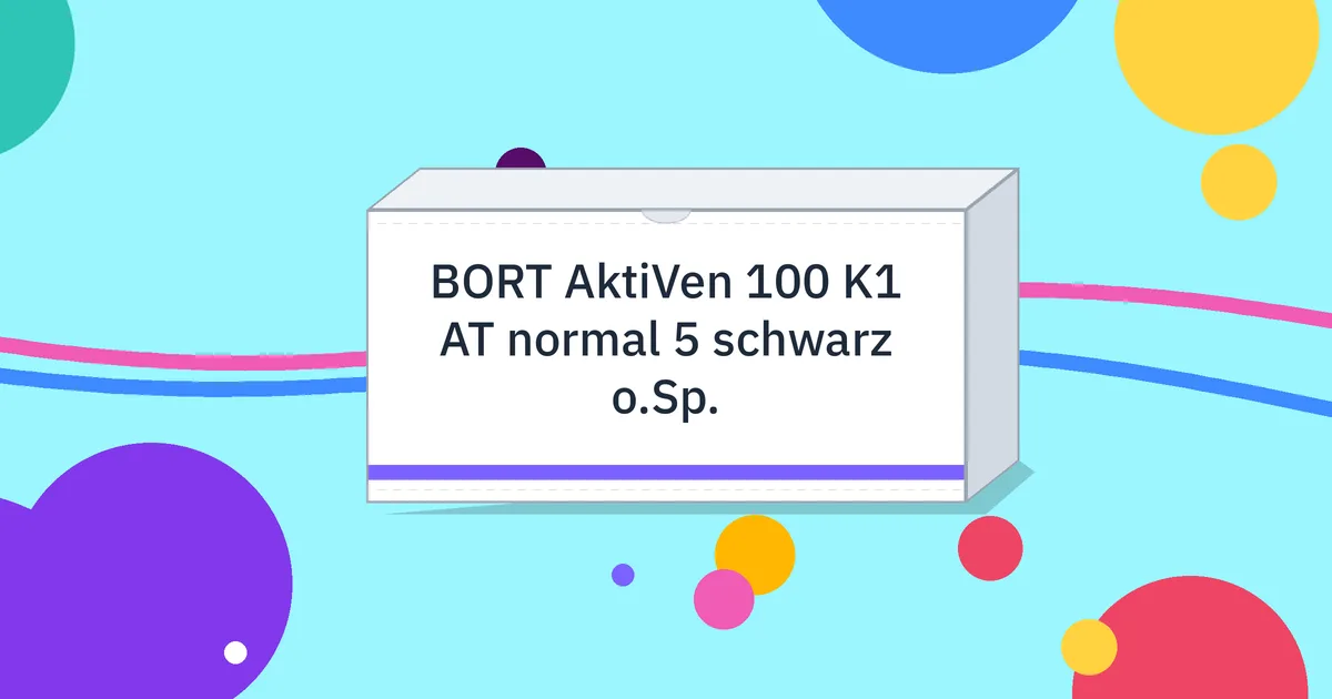 Symbolbild: Packung mit der Aufschrift BORT AktiVen 100 K1 AT normal 5 schwarz o.Sp. (PZN 14388769) – Verfügbarkeit und Bezug in Apotheken in Frankfurt am Main