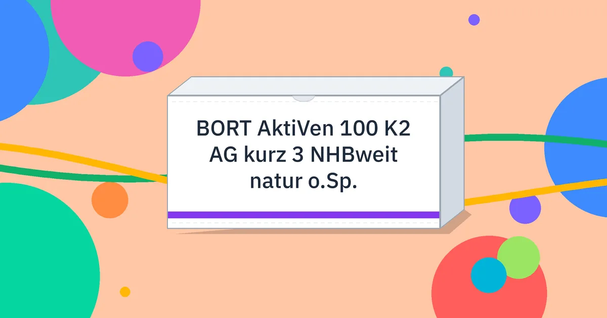 Symbolbild: Packung mit der Aufschrift BORT AktiVen 100 K2 AG kurz 3 NHBweit natur o.Sp. (PZN 13730303) – Verfügbarkeit und Bezug in Apotheken in Frankfurt am Main