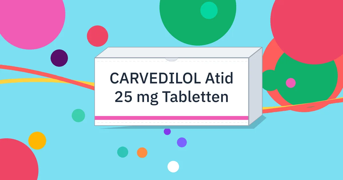 Symbolbild: Packung mit der Aufschrift CARVEDILOL Atid 25 mg Tabletten (PZN 00634325) – Verfügbarkeit und Bezug in Apotheken in Frankfurt am Main