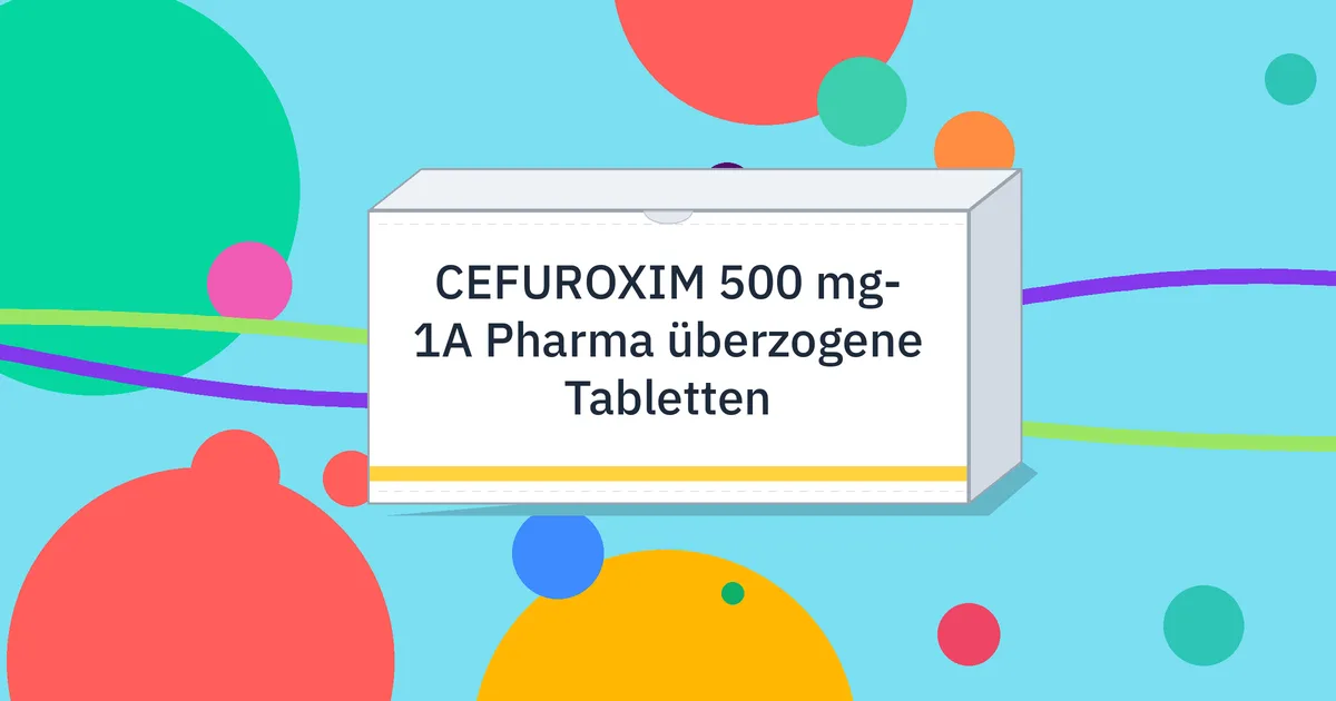 Symbolbild: Packung mit der Aufschrift CEFUROXIM 500 mg-1A Pharma überzogene Tabletten (PZN 00178548) – Verfügbarkeit und Bezug in Apotheken in Frankfurt am Main