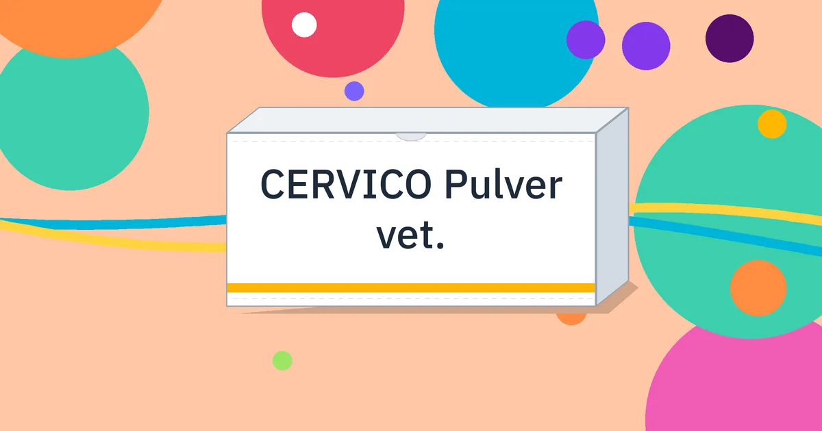 Symbolbild: Packung mit der Aufschrift CERVICO Pulver vet. (PZN 03557890) – Verfügbarkeit und Bezug in Apotheken in Frankfurt am Main
