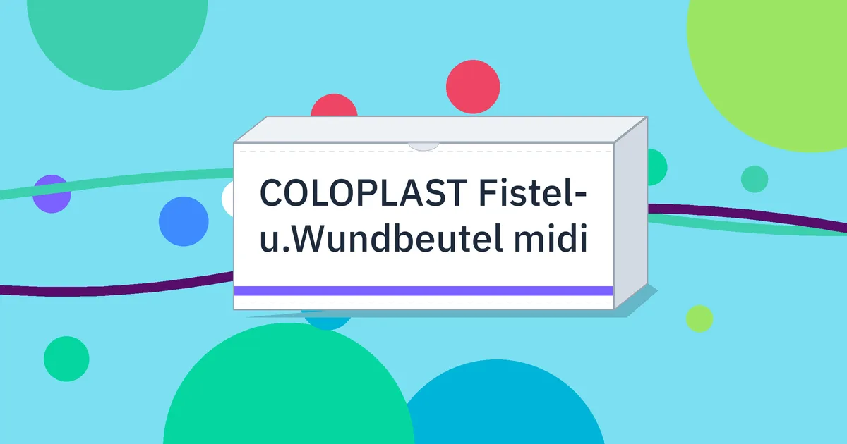 Symbolbild: Packung mit der Aufschrift COLOPLAST Fistel- u.Wundbeutel midi (PZN 18224148) – Verfügbarkeit und Bezug in Apotheken in Frankfurt am Main
