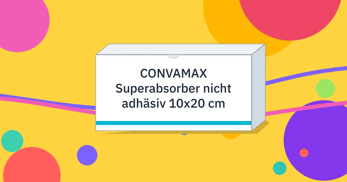 Symbolbild: Packung mit der Aufschrift CONVAMAX Superabsorber nicht adhäsiv 10x20 cm (PZN 20120315) – Verfügbarkeit und Bezug in Apotheken in Frankfurt am Main