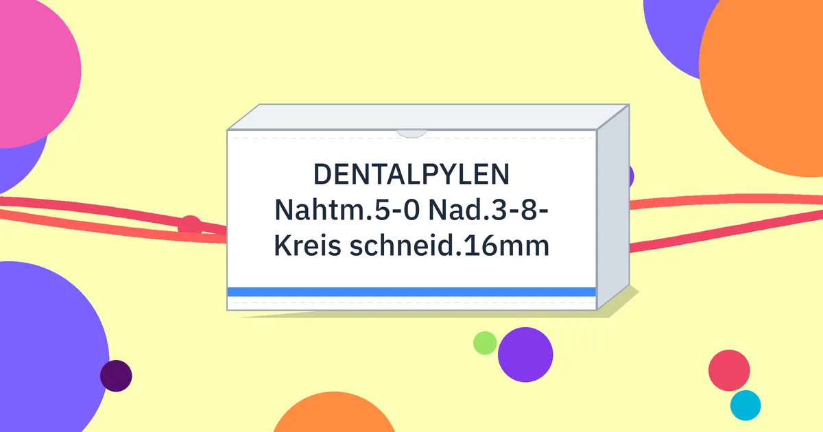 Symbolbild: Packung mit der Aufschrift DENTALPYLEN Nahtm.5-0 Nad.3-8-Kreis schneid.16mm (PZN 16756881) – Verfügbarkeit und Bezug in Apotheken in Frankfurt am Main