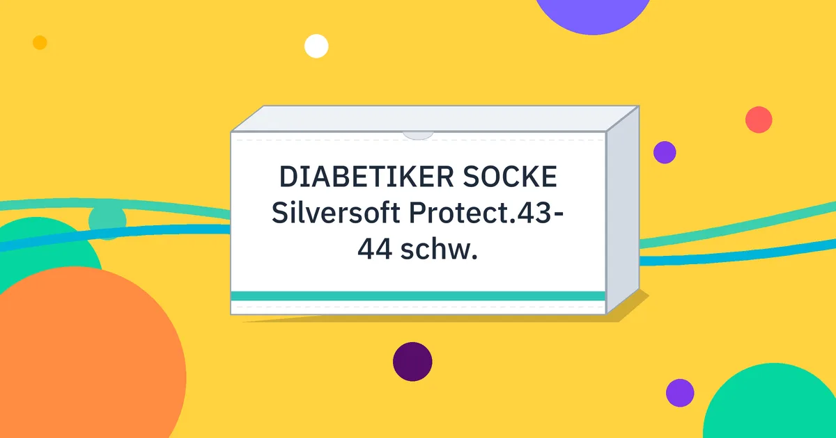 Symbolbild: Packung mit der Aufschrift DIABETIKER SOCKE Silversoft Protect.43-44 schw. (PZN 01303286) – Verfügbarkeit und Bezug in Apotheken in Frankfurt am Main