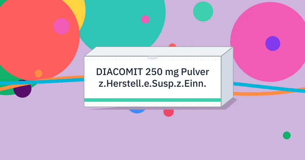Symbolbild: Packung mit der Aufschrift DIACOMIT 250 mg Pulver z.Herstell.e.Susp.z.Einn. (PZN 15295596) – Verfügbarkeit und Bezug in Apotheken in Frankfurt am Main