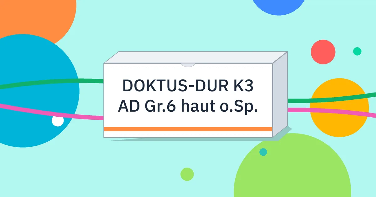 Symbolbild: Packung mit der Aufschrift DOKTUS-DUR K3 AD Gr.6 haut o.Sp. (PZN 00596903) – Verfügbarkeit und Bezug in Apotheken in Frankfurt am Main
