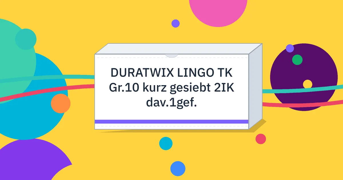 Symbolbild: Packung mit der Aufschrift DURATWIX LINGO TK Gr.10 kurz gesiebt 2IK dav.1gef. (PZN 06970722) – Verfügbarkeit und Bezug in Apotheken in Frankfurt am Main