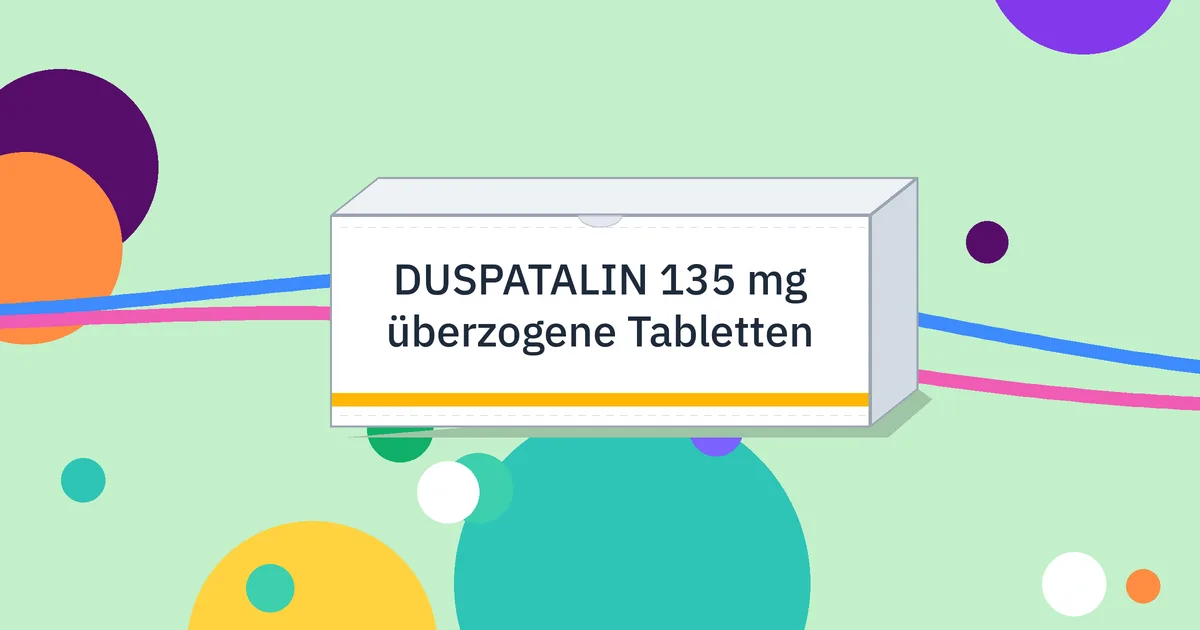 Symbolbild: Packung mit der Aufschrift DUSPATALIN 135 mg überzogene Tabletten (PZN 12490966) – Verfügbarkeit und Bezug in Apotheken in Frankfurt am Main