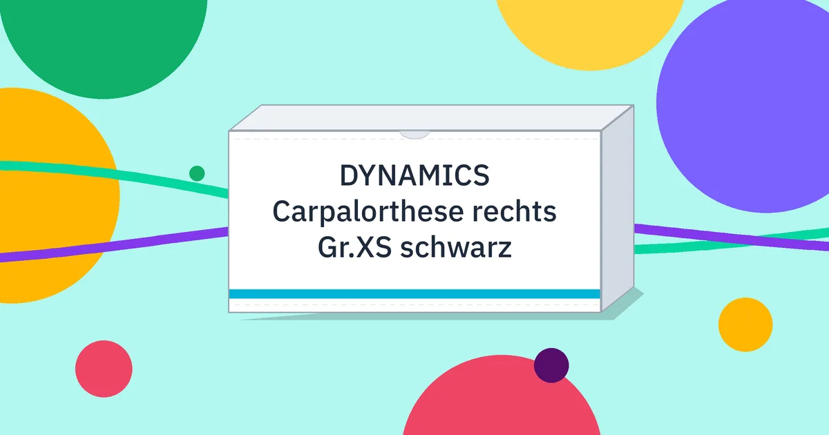 Symbolbild: Packung mit der Aufschrift DYNAMICS Carpalorthese rechts Gr.XS schwarz (PZN 10631859) – Verfügbarkeit und Bezug in Apotheken in Frankfurt am Main