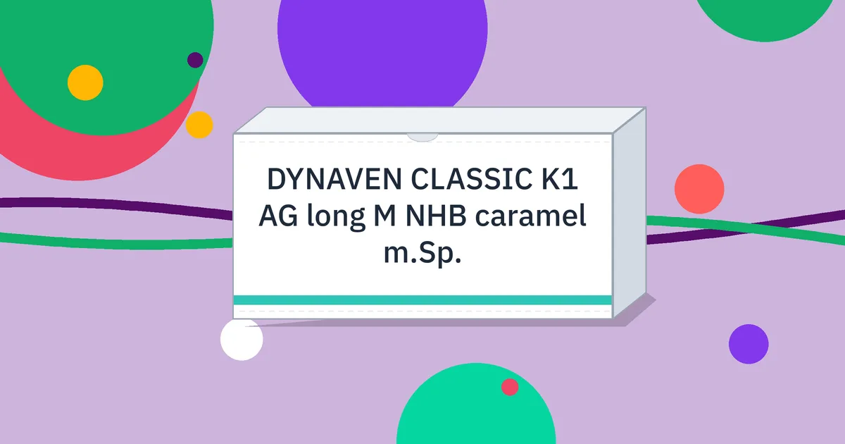 Symbolbild: Packung mit der Aufschrift DYNAVEN CLASSIC K1 AG long M NHB caramel m.Sp. (PZN 18415782) – Verfügbarkeit und Bezug in Apotheken in Frankfurt am Main