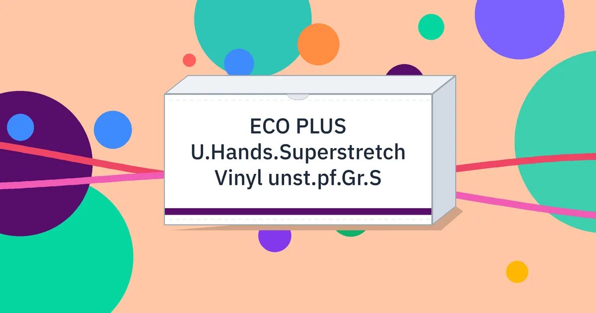 Symbolbild: Packung mit der Aufschrift ECO PLUS U.Hands.Superstretch Vinyl unst.pf.Gr.S (PZN 12435246) – Verfügbarkeit und Bezug in Apotheken in Frankfurt am Main