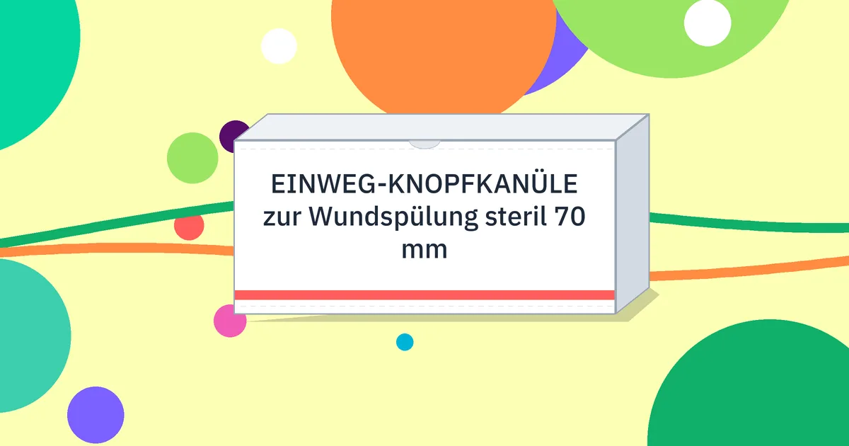 Symbolbild: Packung mit der Aufschrift EINWEG-KNOPFKANÜLE zur Wundspülung steril 70 mm (PZN 16956870) – Verfügbarkeit und Bezug in Apotheken in Frankfurt am Main