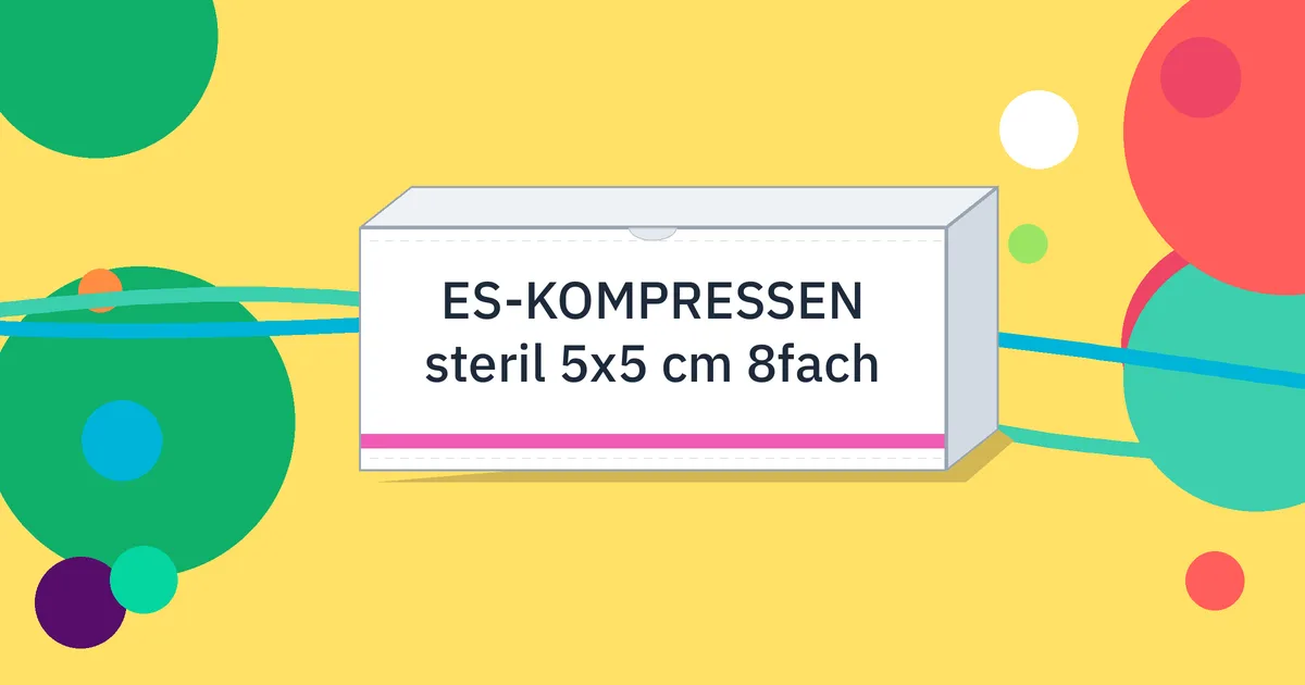 Symbolbild: Packung mit der Aufschrift ES-KOMPRESSEN steril 5x5 cm 8fach (PZN 12559528) – Verfügbarkeit und Bezug in Apotheken in Frankfurt am Main
