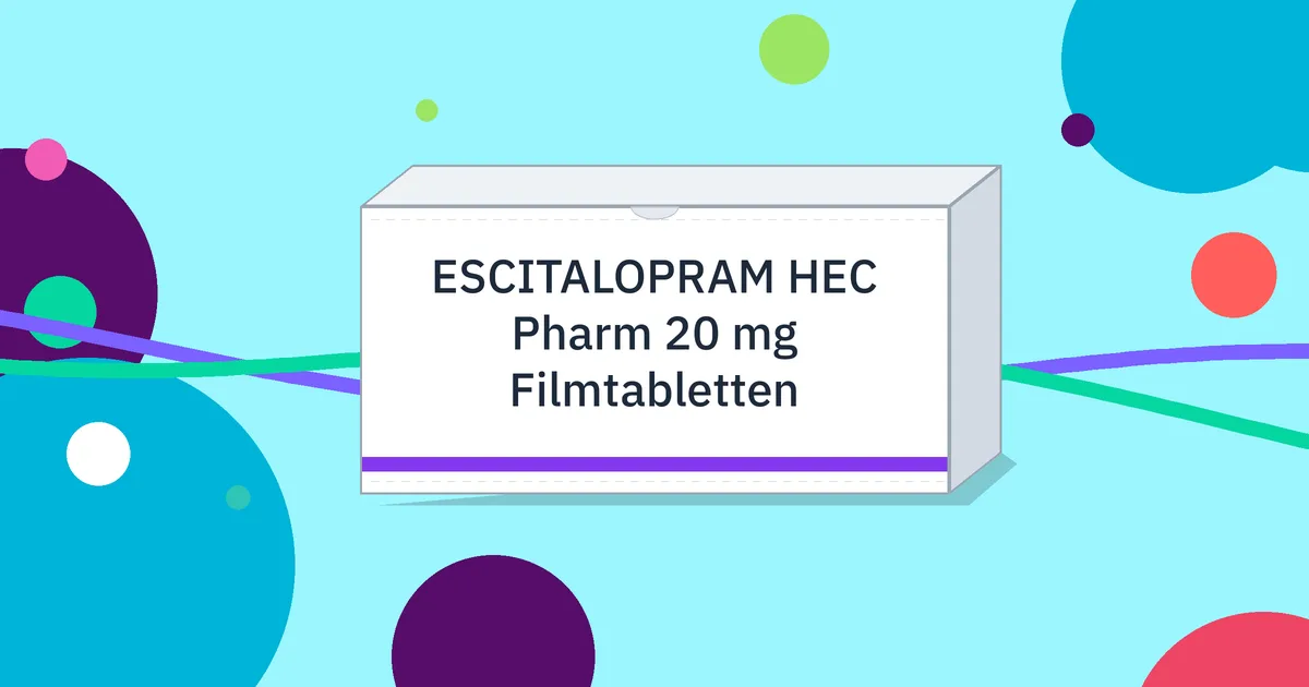 Symbolbild: Packung mit der Aufschrift ESCITALOPRAM HEC Pharm 20 mg Filmtabletten (PZN 18219584) – Verfügbarkeit und Bezug in Apotheken in Frankfurt am Main