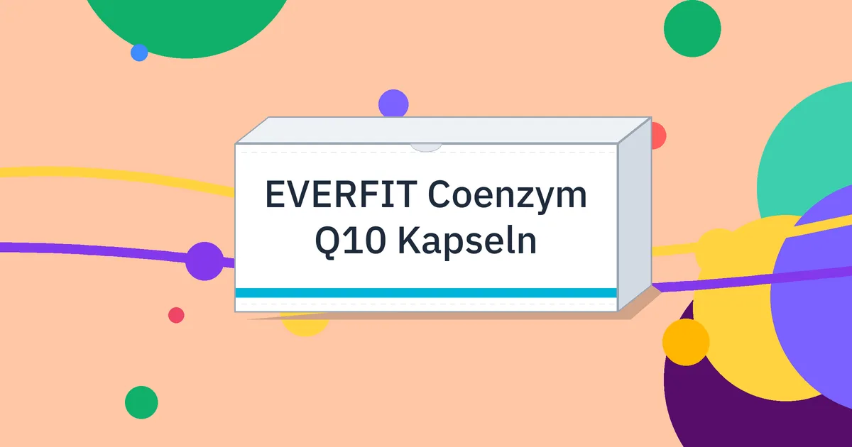 Symbolbild: Packung mit der Aufschrift EVERFIT Coenzym Q10 Kapseln (PZN 16124299) – Verfügbarkeit und Bezug in Apotheken in Frankfurt am Main