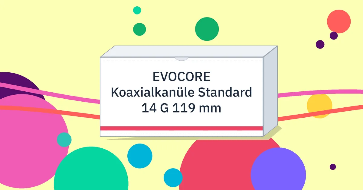 Symbolbild: Packung mit der Aufschrift EVOCORE Koaxialkanüle Standard 14 G 119 mm (PZN 11655649) – Verfügbarkeit und Bezug in Apotheken in Frankfurt am Main