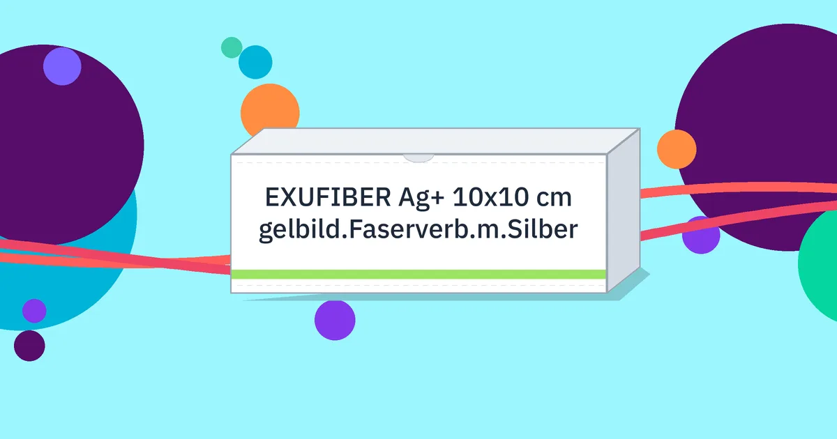 Symbolbild: Packung mit der Aufschrift EXUFIBER Ag+ 10x10 cm gelbild.Faserverb.m.Silber (PZN 19362071) – Verfügbarkeit und Bezug in Apotheken in Frankfurt am Main