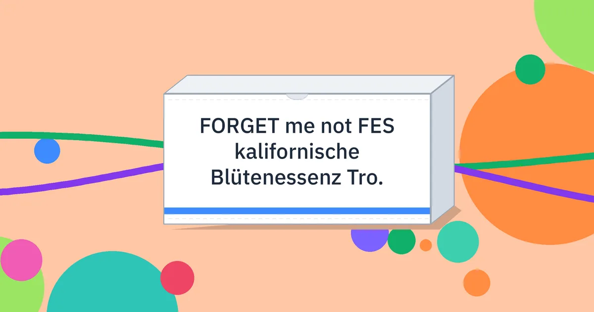Symbolbild: Packung mit der Aufschrift FORGET me not FES kalifornische Blütenessenz Tro. (PZN 09172263) – Verfügbarkeit und Bezug in Apotheken in Frankfurt am Main
