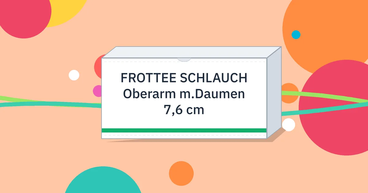 Symbolbild: Packung mit der Aufschrift FROTTEE SCHLAUCH Oberarm m.Daumen 7,6 cm (PZN 02176387) – Verfügbarkeit und Bezug in Apotheken in Frankfurt am Main