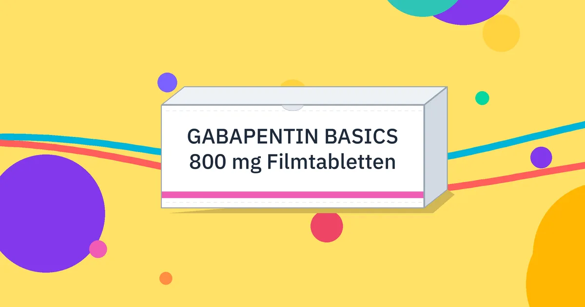 Symbolbild: Packung mit der Aufschrift GABAPENTIN BASICS 800 mg Filmtabletten (PZN 01072384) – Verfügbarkeit und Bezug in Apotheken in Frankfurt am Main