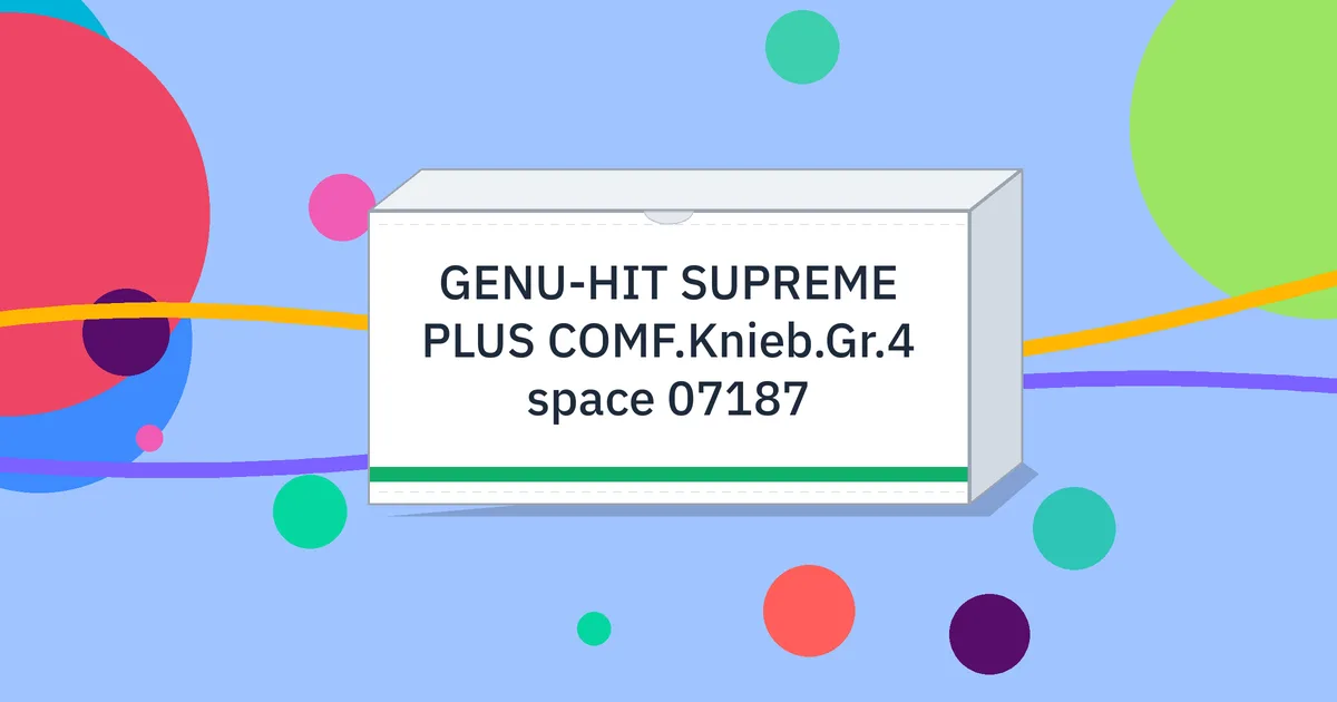 Symbolbild: Packung mit der Aufschrift GENU-HIT SUPREME PLUS COMF.Knieb.Gr.4 space 07187 (PZN 20095793) – Verfügbarkeit und Bezug in Apotheken in Frankfurt am Main