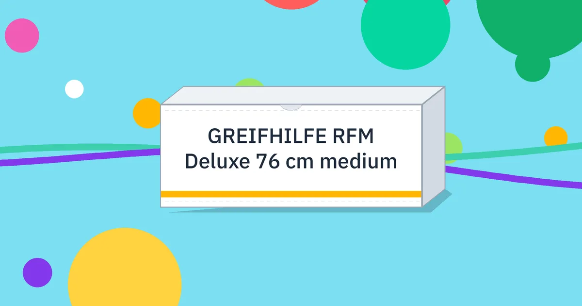 Symbolbild: Packung mit der Aufschrift GREIFHILFE RFM Deluxe 76 cm medium (PZN 05374691) – Verfügbarkeit und Bezug in Apotheken in Frankfurt am Main