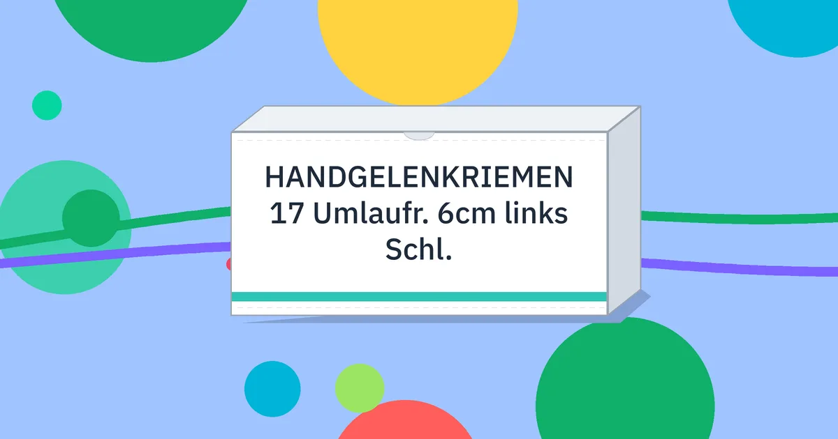 Symbolbild: Packung mit der Aufschrift HANDGELENKRIEMEN 17 Umlaufr. 6cm links Schl. (PZN 01963060) – Verfügbarkeit und Bezug in Apotheken in Frankfurt am Main