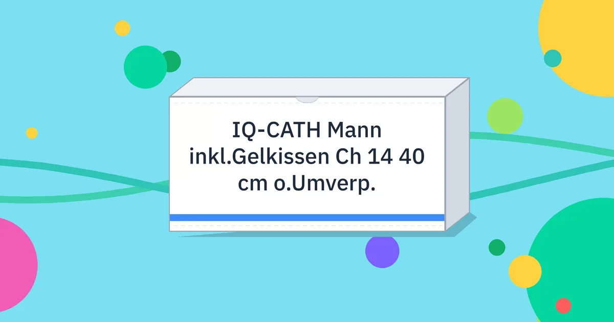 Symbolbild: Packung mit der Aufschrift IQ-CATH Mann inkl.Gelkissen Ch 14 40 cm o.Umverp. (PZN 01899126) – Verfügbarkeit und Bezug in Apotheken in Frankfurt am Main