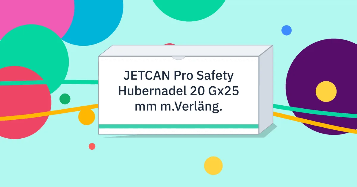Symbolbild: Packung mit der Aufschrift JETCAN Pro Safety Hubernadel 20 Gx25 mm m.Verläng. (PZN 19728431) – Verfügbarkeit und Bezug in Apotheken in Frankfurt am Main