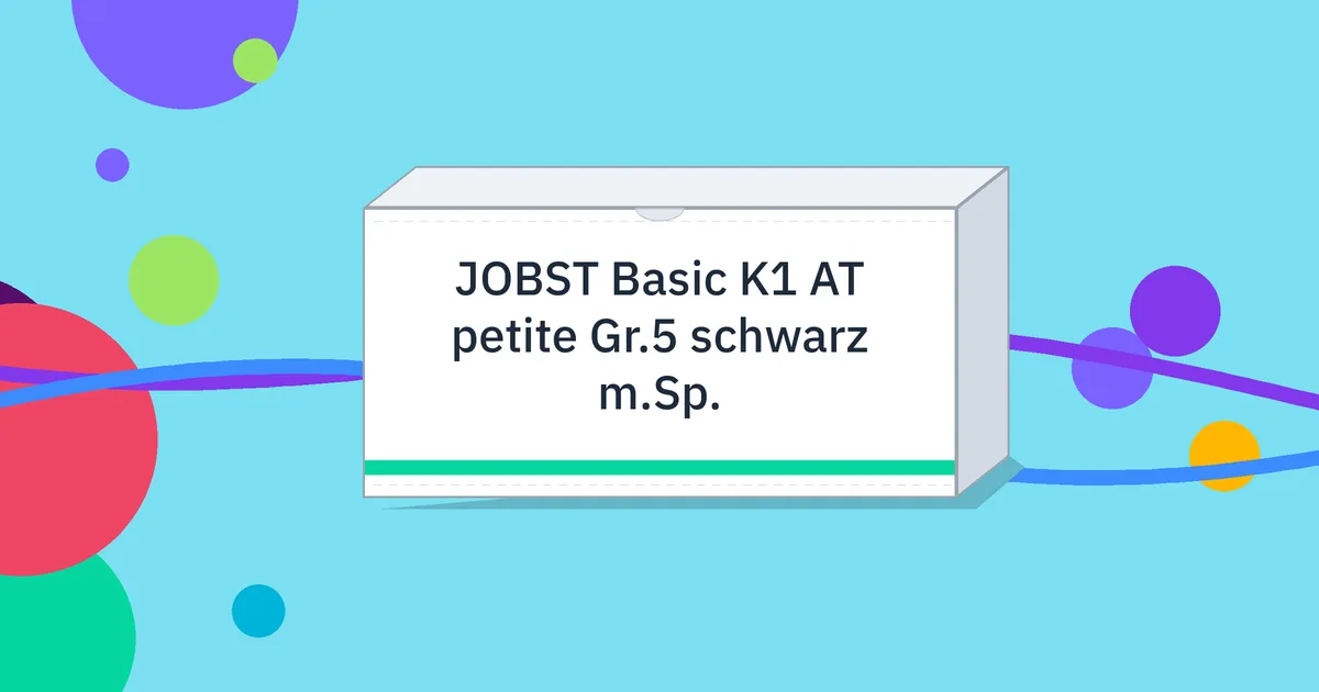 Symbolbild: Packung mit der Aufschrift JOBST Basic K1 AT petite Gr.5 schwarz m.Sp. (PZN 15310203) – Verfügbarkeit und Bezug in Apotheken in Frankfurt am Main