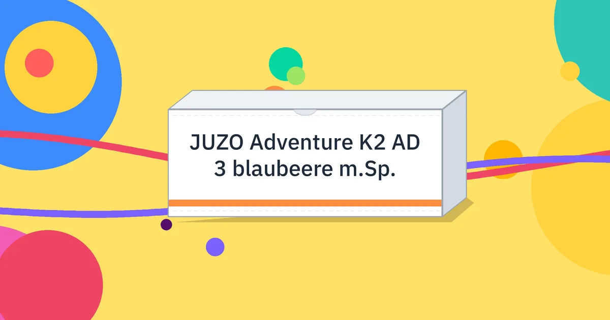 Symbolbild: Packung mit der Aufschrift JUZO Adventure K2 AD 3 blaubeere m.Sp. (PZN 16344782) – Verfügbarkeit und Bezug in Apotheken in Frankfurt am Main