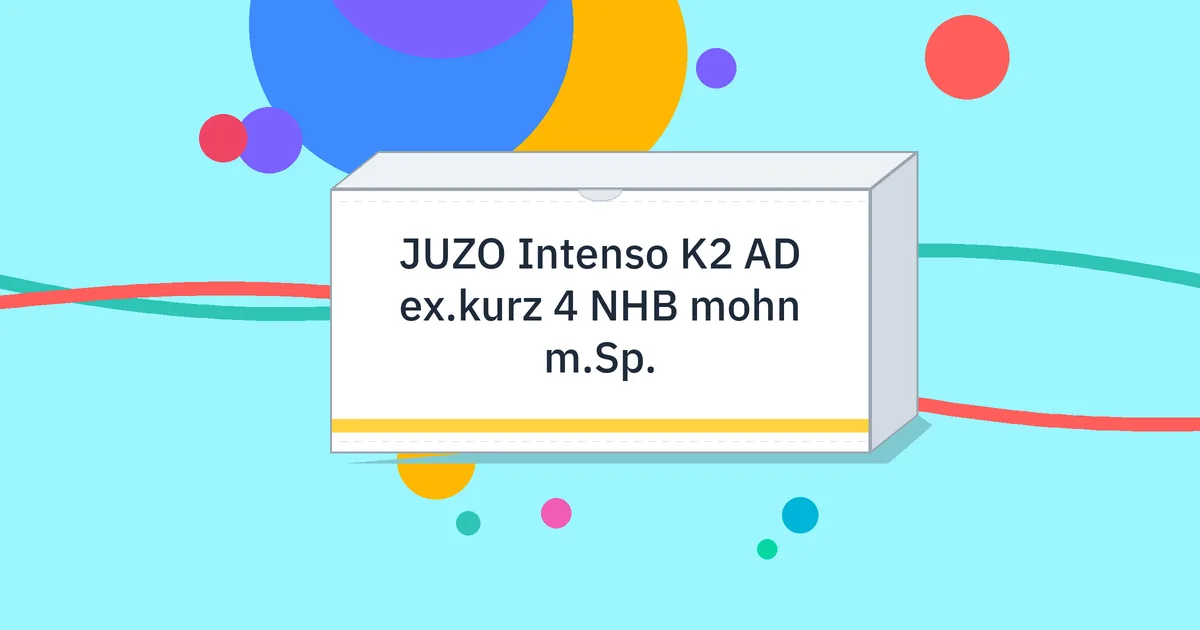 Symbolbild: Packung mit der Aufschrift JUZO Intenso K2 AD ex.kurz 4 NHB mohn m.Sp. (PZN 18611773) – Verfügbarkeit und Bezug in Apotheken in Frankfurt am Main
