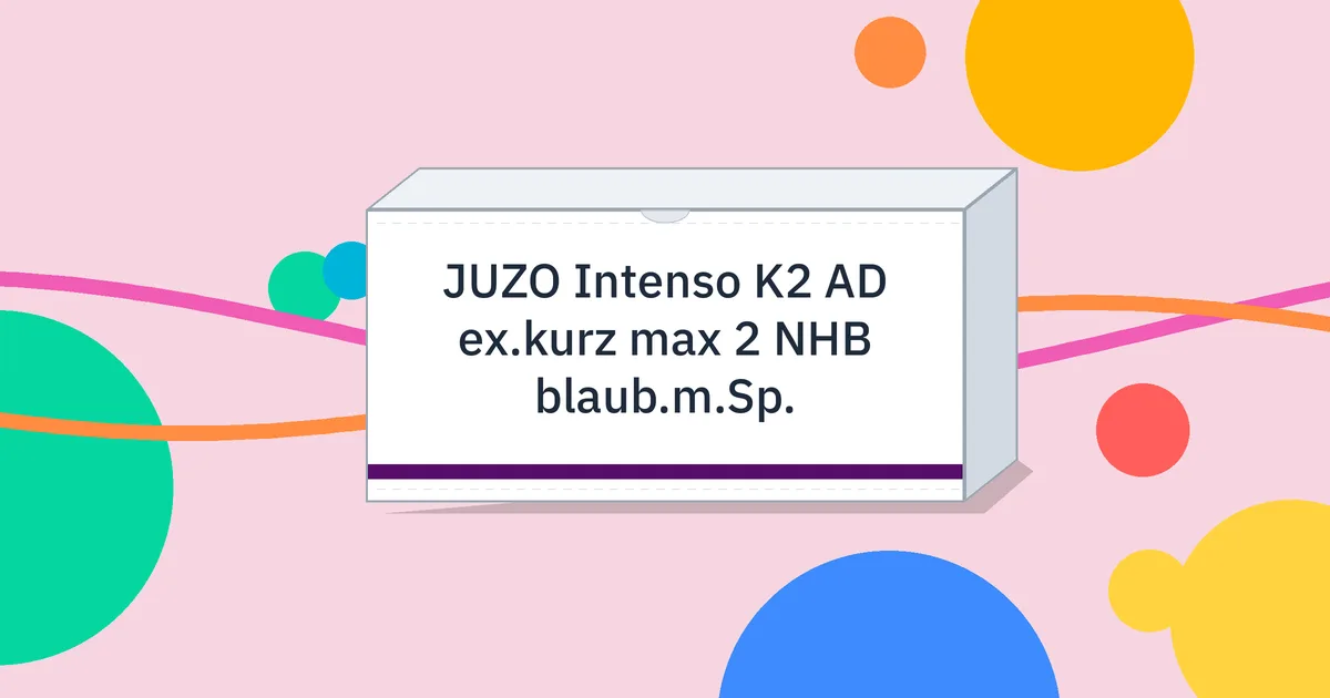 Symbolbild: Packung mit der Aufschrift JUZO Intenso K2 AD ex.kurz max 2 NHB blaub.m.Sp. (PZN 18610414) – Verfügbarkeit und Bezug in Apotheken in Frankfurt am Main