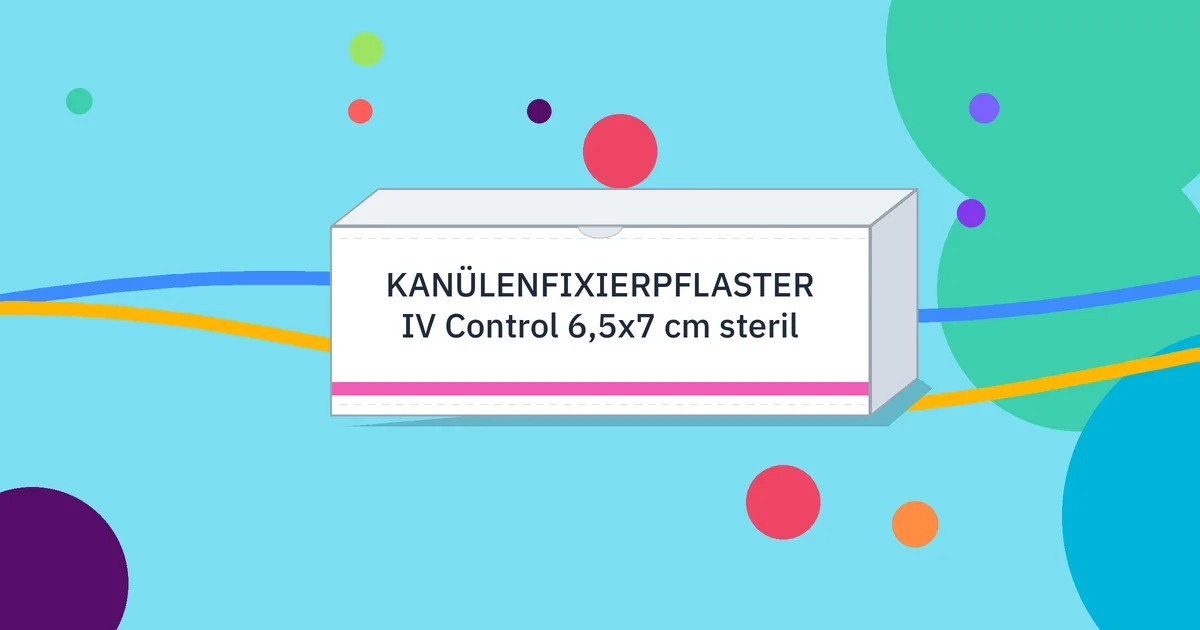Symbolbild: Packung mit der Aufschrift KANÜLENFIXIERPFLASTER IV Control 6,5x7 cm steril (PZN 18401432) – Verfügbarkeit und Bezug in Apotheken in Frankfurt am Main
