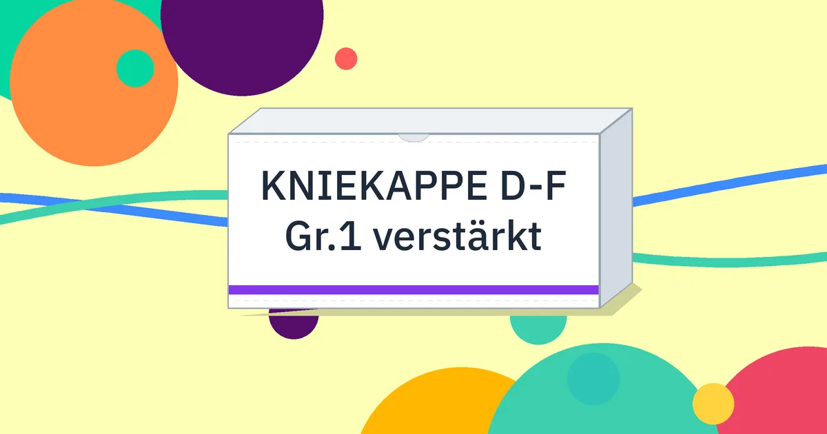 Symbolbild: Packung mit der Aufschrift KNIEKAPPE D-F Gr.1 verstärkt (PZN 02444824) – Verfügbarkeit und Bezug in Apotheken in Frankfurt am Main