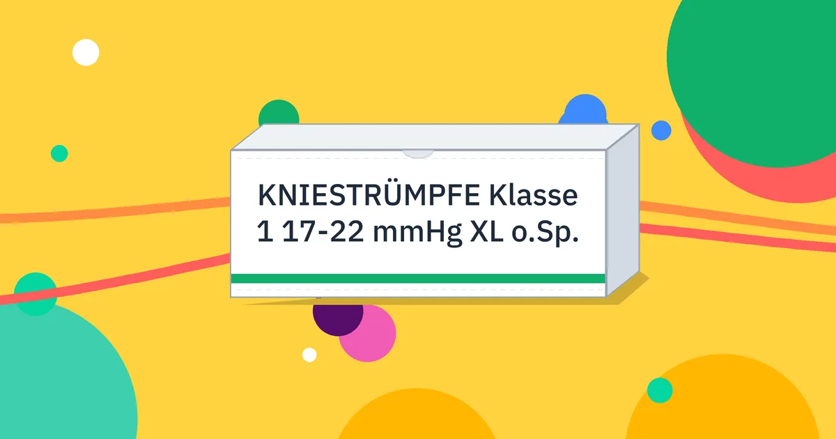 Symbolbild: Packung mit der Aufschrift KNIESTRÜMPFE Klasse 1 17-22 mmHg XL o.Sp. (PZN 19072373) – Verfügbarkeit und Bezug in Apotheken in Frankfurt am Main