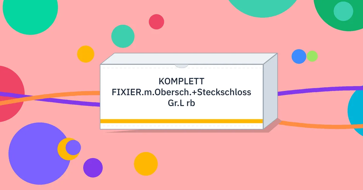 Symbolbild: Packung mit der Aufschrift KOMPLETT FIXIER.m.Obersch.+Steckschloss Gr.L rb (PZN 11574193) – Verfügbarkeit und Bezug in Apotheken in Frankfurt am Main
