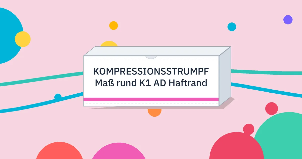 Symbolbild: Packung mit der Aufschrift KOMPRESSIONSSTRUMPF Maß rund K1 AD Haftrand (PZN 04773087) – Verfügbarkeit und Bezug in Apotheken in Frankfurt am Main
