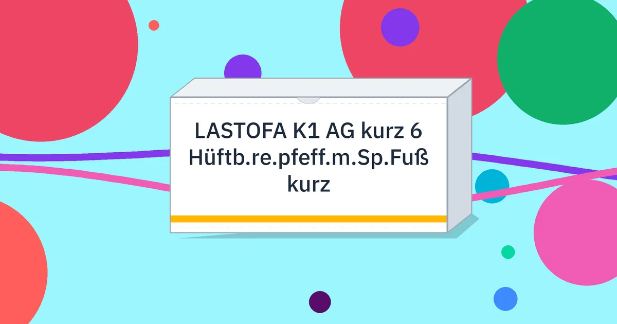 Symbolbild: Packung mit der Aufschrift LASTOFA K1 AG kurz 6 Hüftb.re.pfeff.m.Sp.Fuß kurz (PZN 13799329) – Verfügbarkeit und Bezug in Apotheken in Frankfurt am Main