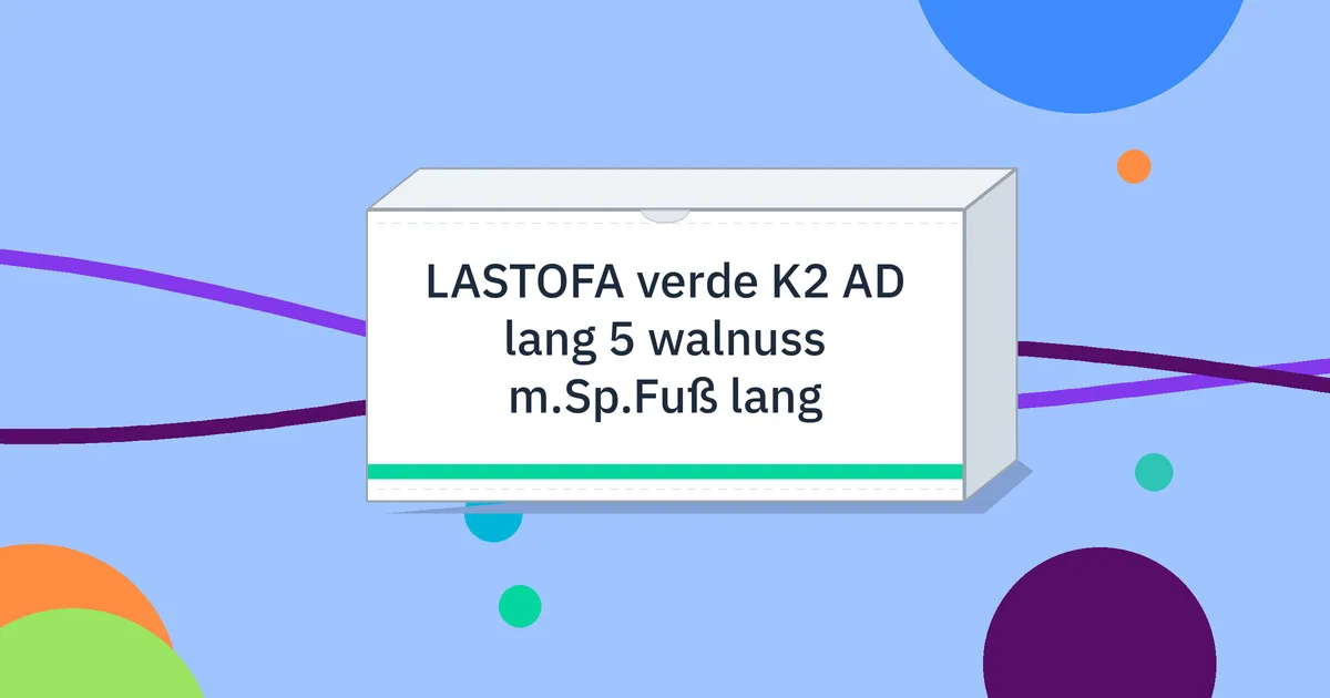 Symbolbild: Packung mit der Aufschrift LASTOFA verde K2 AD lang 5 walnuss m.Sp.Fuß lang (PZN 16721842) – Verfügbarkeit und Bezug in Apotheken in Frankfurt am Main