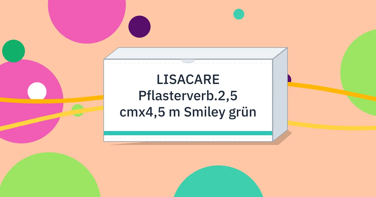 Symbolbild: Packung mit der Aufschrift LISACARE Pflasterverb.2,5 cmx4,5 m Smiley grün (PZN 17891894) – Verfügbarkeit und Bezug in Apotheken in Frankfurt am Main