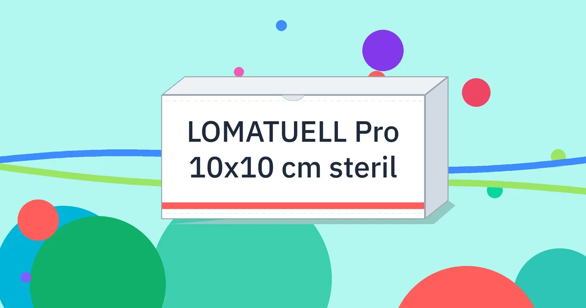 Symbolbild: Packung mit der Aufschrift LOMATUELL Pro 10x10 cm steril (PZN 17832213) – Verfügbarkeit und Bezug in Apotheken in Frankfurt am Main