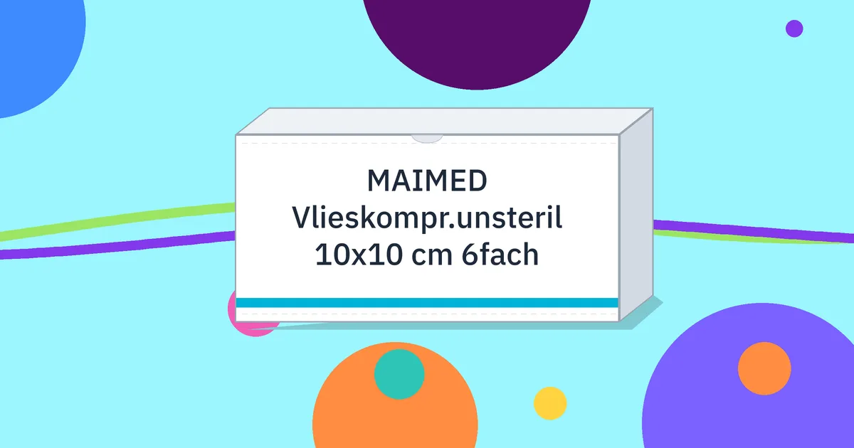 Symbolbild: Packung mit der Aufschrift MAIMED Vlieskompr.unsteril 10x10 cm 6fach (PZN 02306482) – Verfügbarkeit und Bezug in Apotheken in Frankfurt am Main