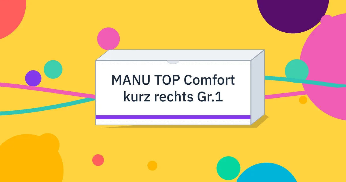 Symbolbild: Packung mit der Aufschrift MANU TOP Comfort kurz rechts Gr.1 (PZN 02770245) – Verfügbarkeit und Bezug in Apotheken in Frankfurt am Main