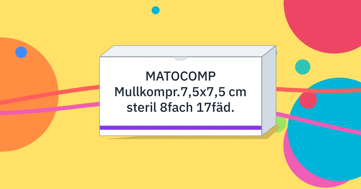 Symbolbild: Packung mit der Aufschrift MATOCOMP Mullkompr.7,5x7,5 cm steril 8fach 17fäd. (PZN 16327341) – Verfügbarkeit und Bezug in Apotheken in Frankfurt am Main