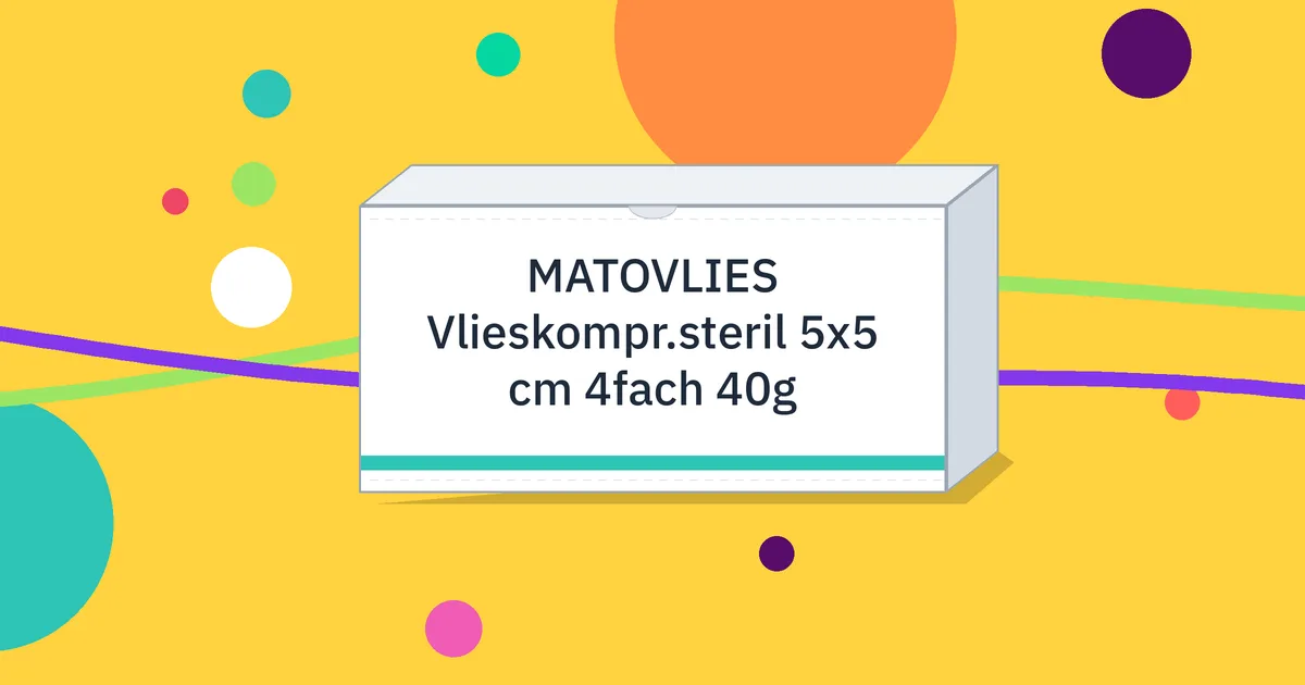 Symbolbild: Packung mit der Aufschrift MATOVLIES Vlieskompr.steril 5x5 cm 4fach 40g (PZN 00592532) – Verfügbarkeit und Bezug in Apotheken in Frankfurt am Main