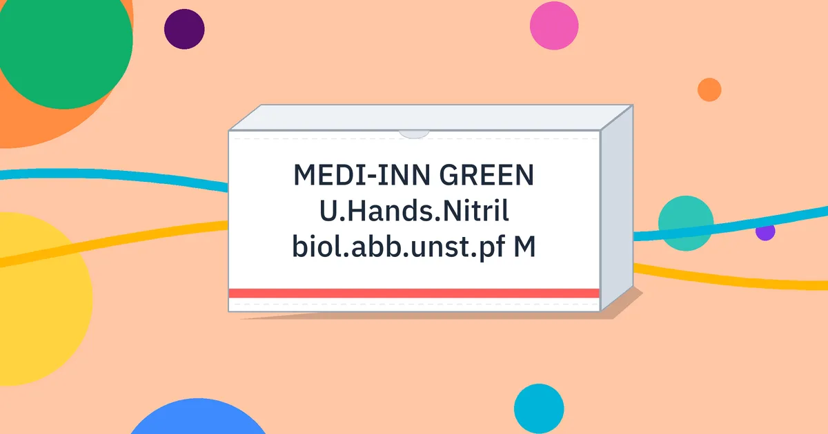 Symbolbild: Packung mit der Aufschrift MEDI-INN GREEN U.Hands.Nitril biol.abb.unst.pf M (PZN 19626877) – Verfügbarkeit und Bezug in Apotheken in Frankfurt am Main
